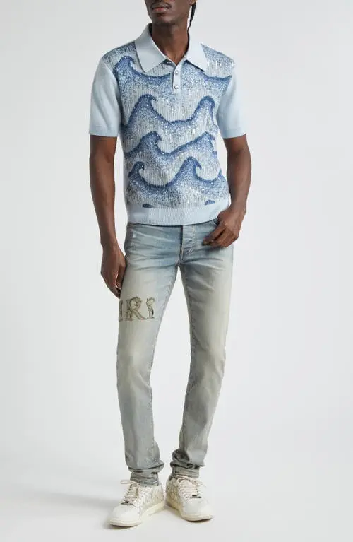 Amiri Sequin Wavy Knit Wool Polo In Ashley Blue - 70% Off
